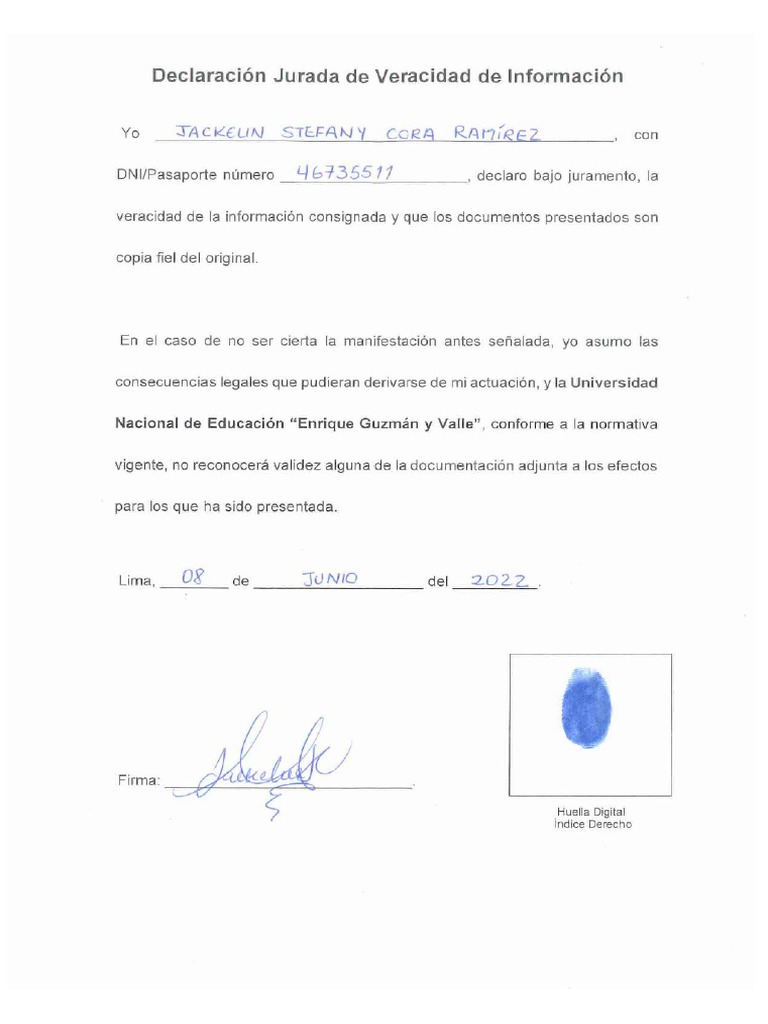 DECLARACIÓN JURADA DE VERACIDAD DE INFORMACIÓN | PDF