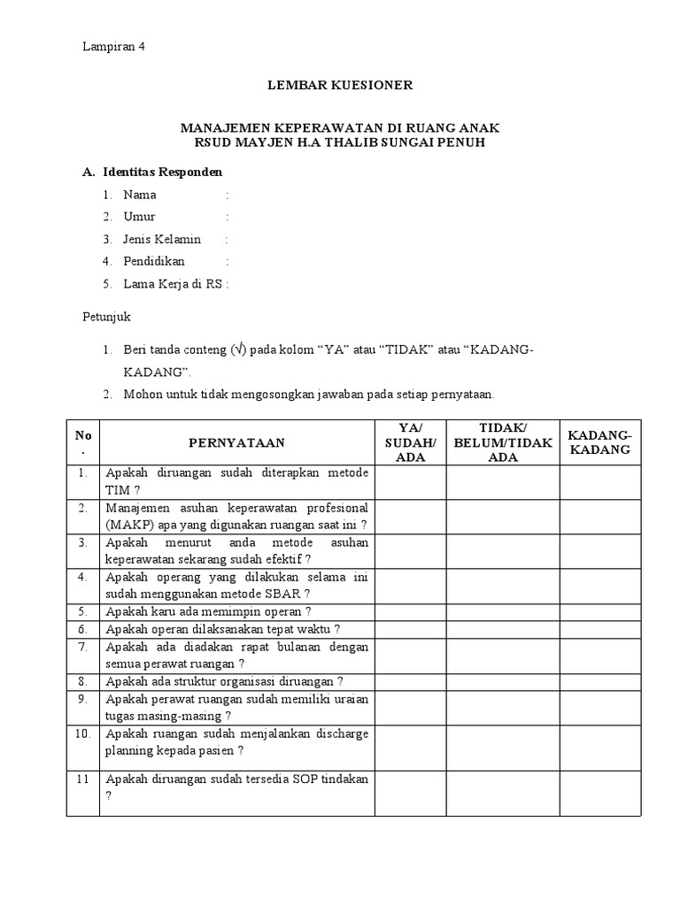 Lembar Kuesioner Ruang Anak | PDF