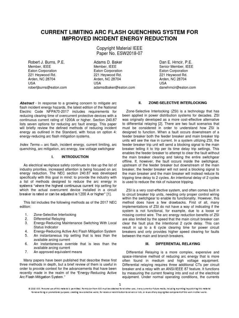 Ieee White Paper Current Limiting Arc Flash Quenching System For ...