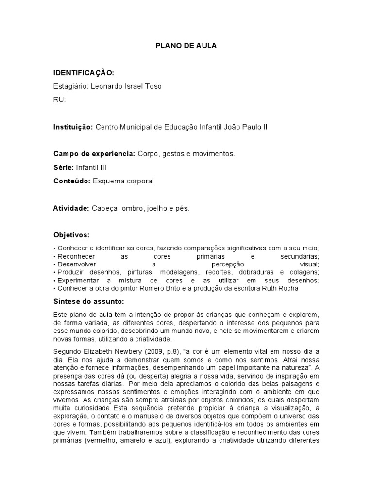 Plano de Aula Cores | PDF | Cor | Pinturas