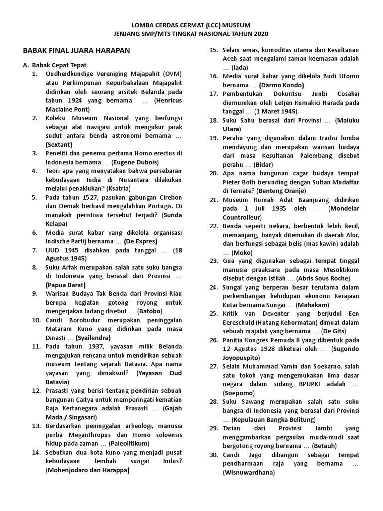 Soal LCC Museum SMP Tingkat Nasional | PDF | Ilmu Sosial