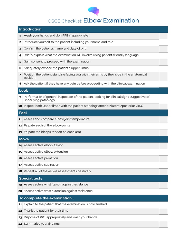 OSCE Checklist Elbow Examination | PDF OSCE Checklist Elbow Examination | PDF
