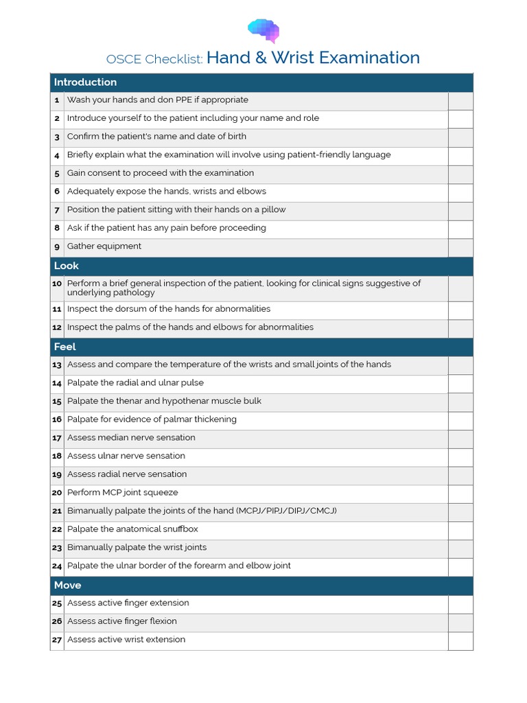 OSCE Checklist Hand Wrist Examination | PDF OSCE Checklist Hand Wrist Examination | PDF