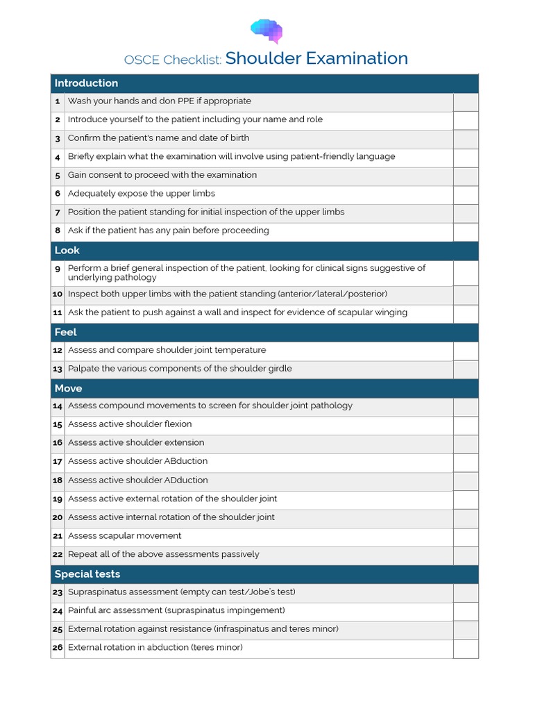 OSCE Checklist Shoulder Examination | PDF OSCE Checklist Shoulder Examination | PDF