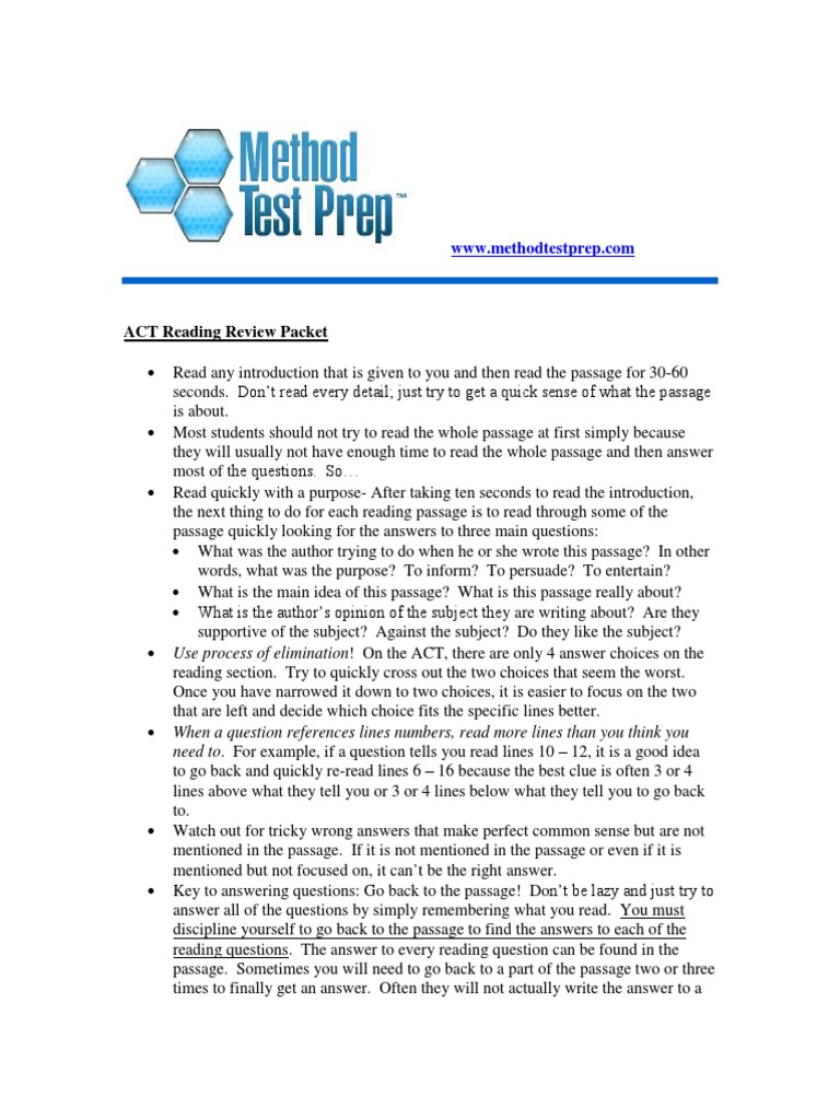 Act Reading Packet | PDF | Question | Vocabulary