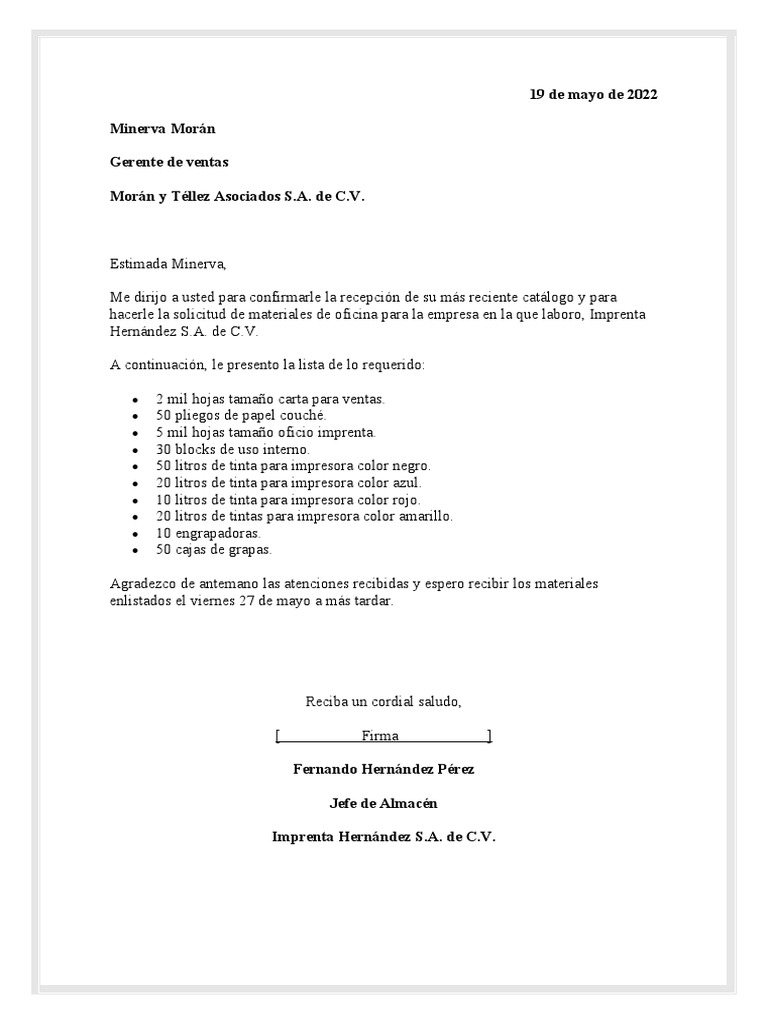 Ejemplo de Solicitud de Materiales | PDF