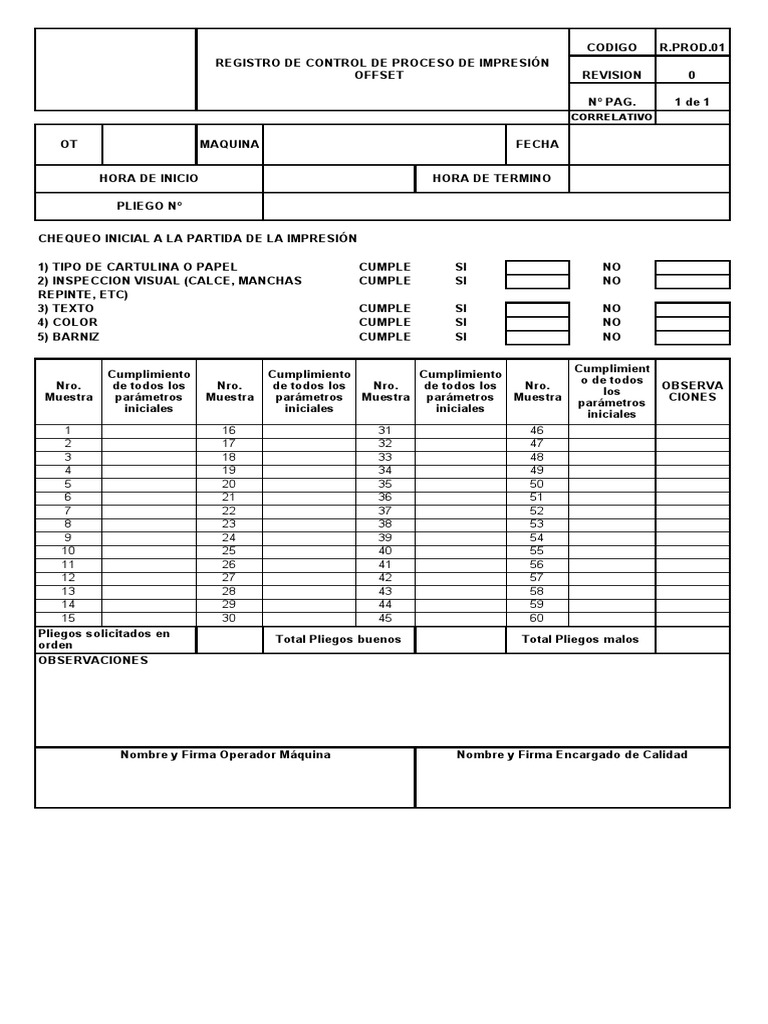 R.PROD.01 Registro de Control de Proceso de Impresión Offset Blanco | PDF