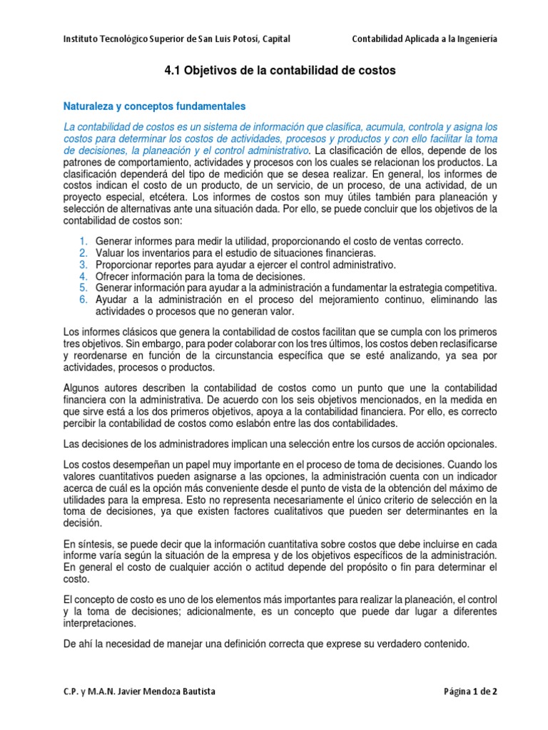 4.1 Objetivos de La Contabilidad de Costos | PDF | Contabilidad de costos | Contabilidad