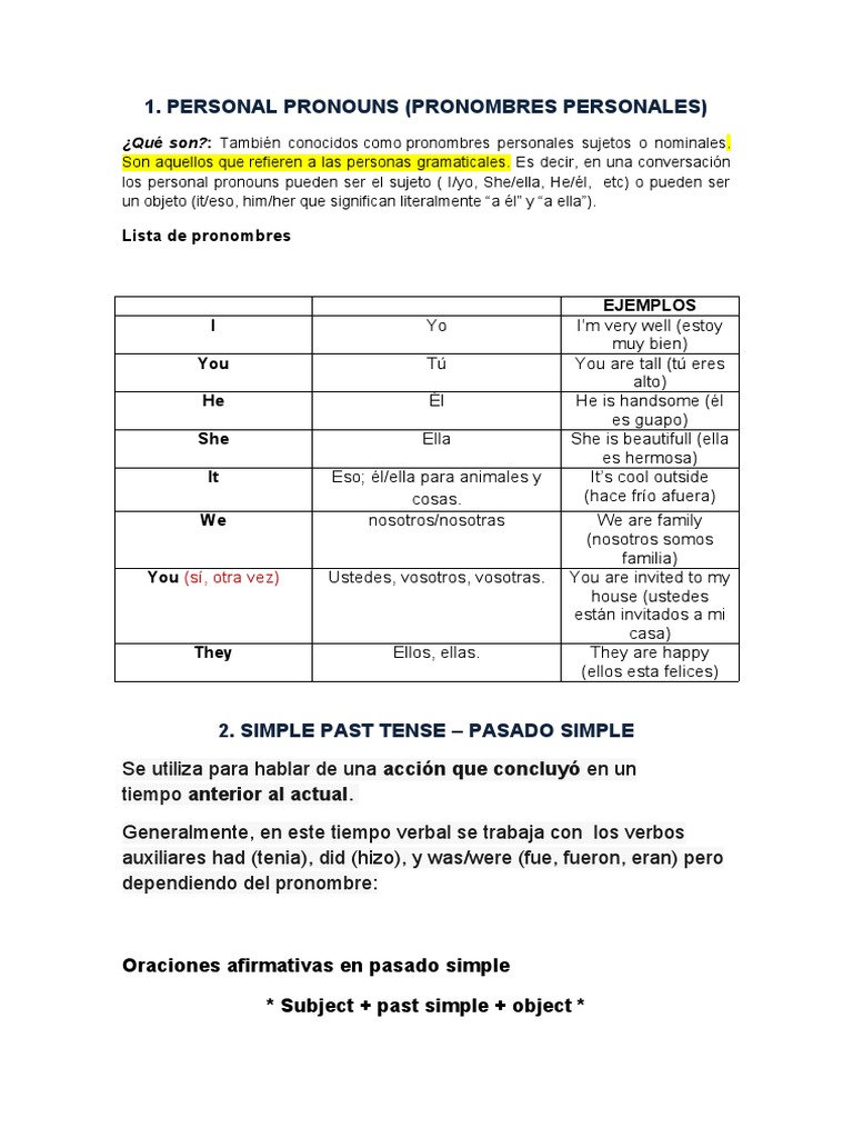 Pronombres Y Pasado Simple En Inglés Pdf Asunto Gramática