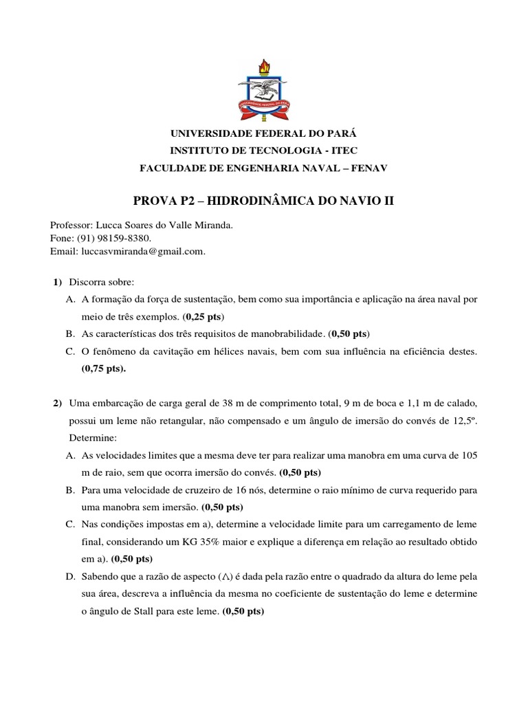 HidrodinÃ Mica II - Prova P2 | PDF | Hélice | Leme