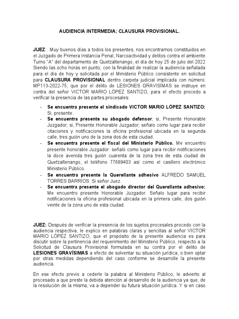 Guía Audiencia Intermedia, Clausura Provisional | PDF | Ley procesal | Derecho penal
