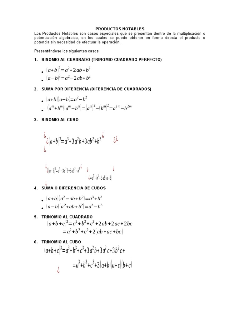 Formulas de Productos Notables | PDF | Combinatoria | Matemáticas discretas