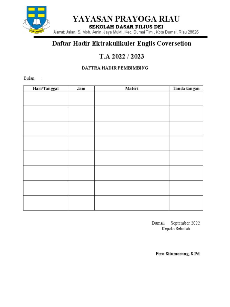 Englis Coversetion Daftar Hadir Guru Pembimbing Dan Siswa e | PDF