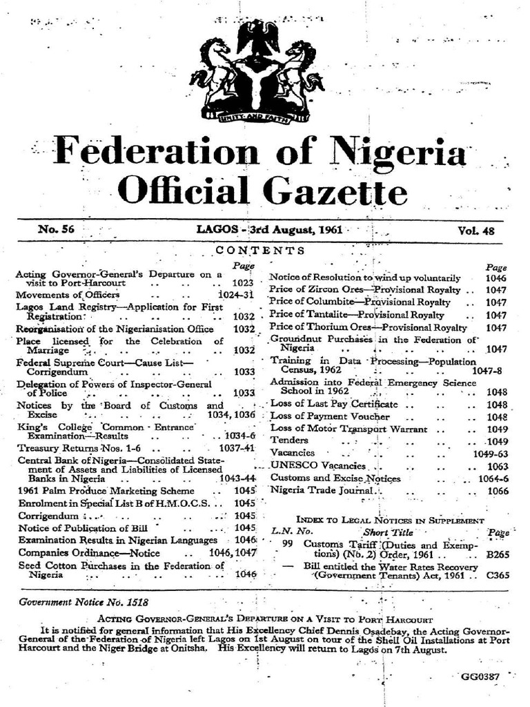 NG Government Gazette Dated 1961-08-03 No 56 | PDF