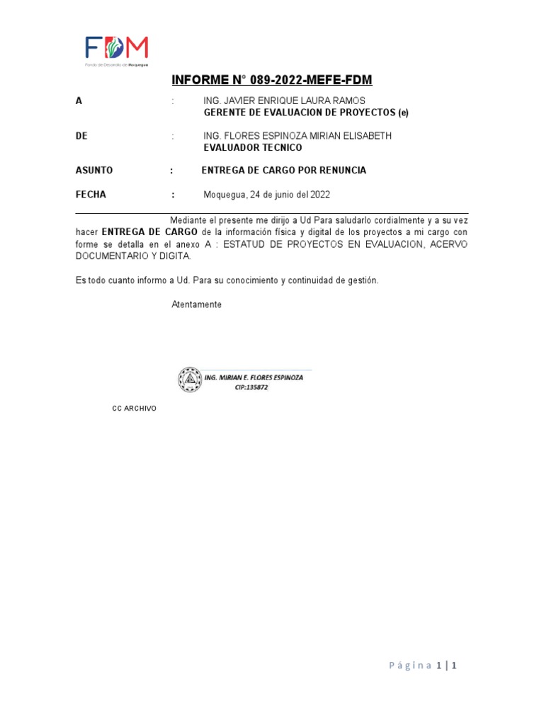 Informe N°089 Entrega de Cargo | PDF