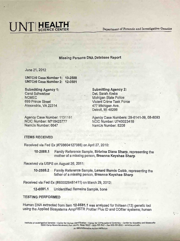 Breanna Sharp DNA Confirmation | PDF