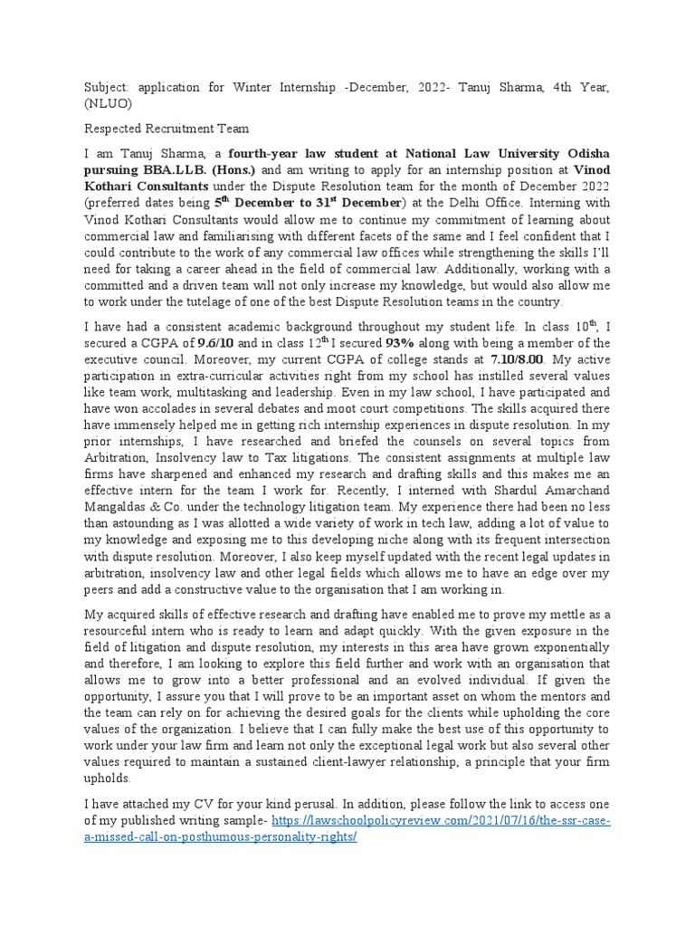 Vinod Kothari - COVER LETTER | PDF