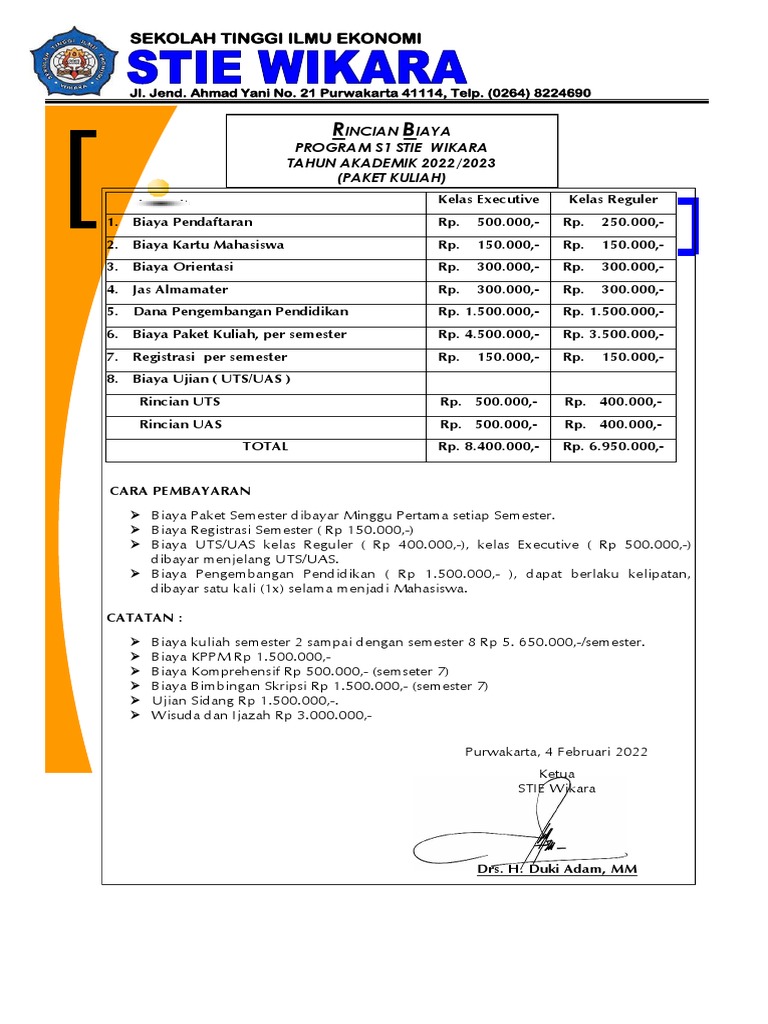 Biaya Kuliah S1 STIE Wikara 2022/2023 | PDF