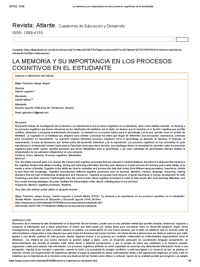 La Memoria Y Su Importancia En Los Procesos Cognitivos En El Estudiante