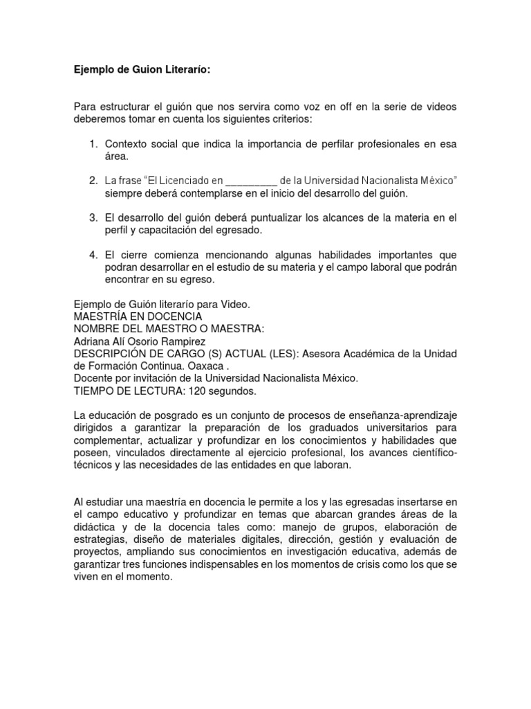 Ejemplo de Guion Literarío | PDF | Método de enseñanza | Maestros