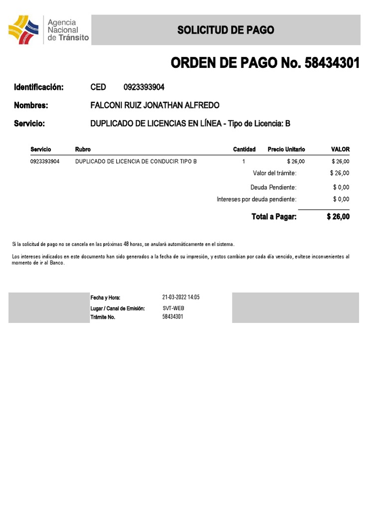 Orden de Pago Licencia | PDF