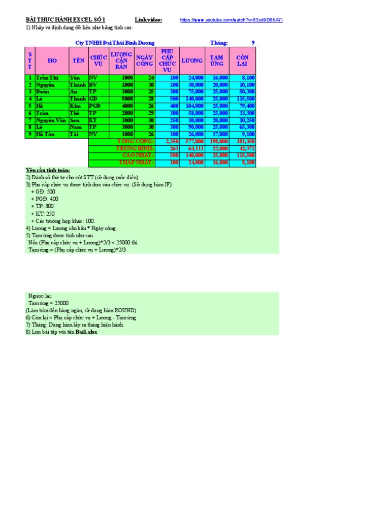 1 - Dap An Bai Tap Excel | PDF