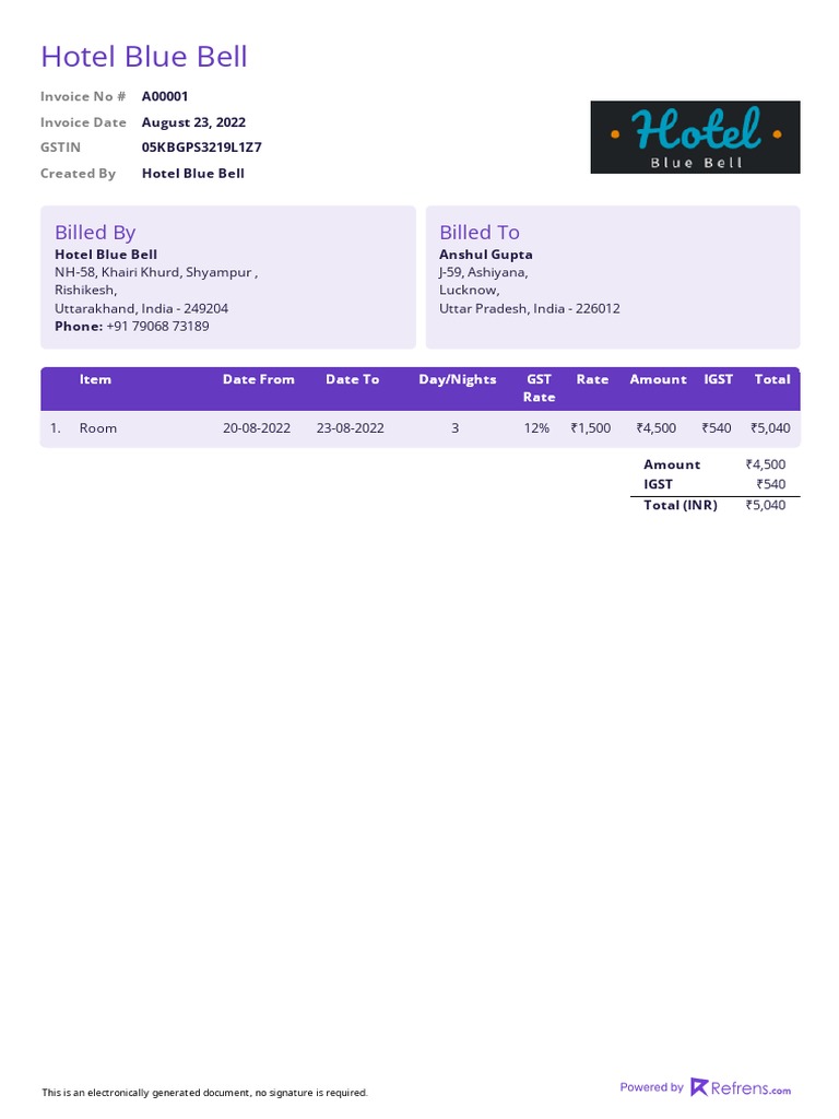 Invoice A00001 Hotel Blue Bell Anshul Gupta | PDF
