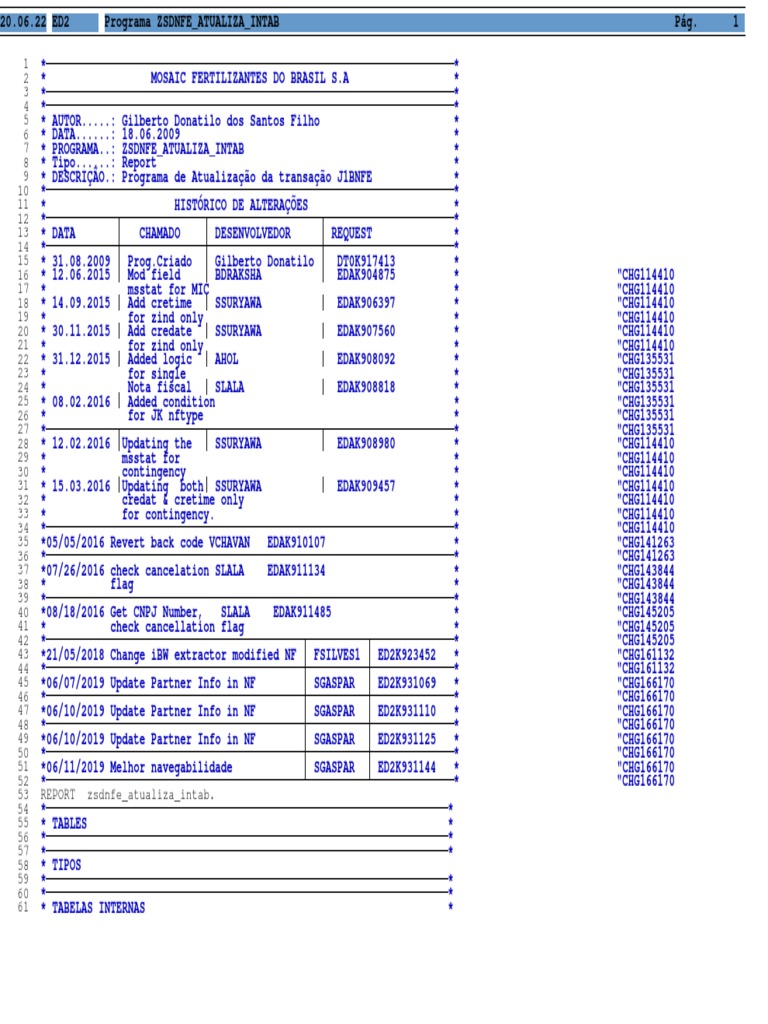 Informe sobre Programa ZSDNFE_ATUALIZA_INTAB | PDF