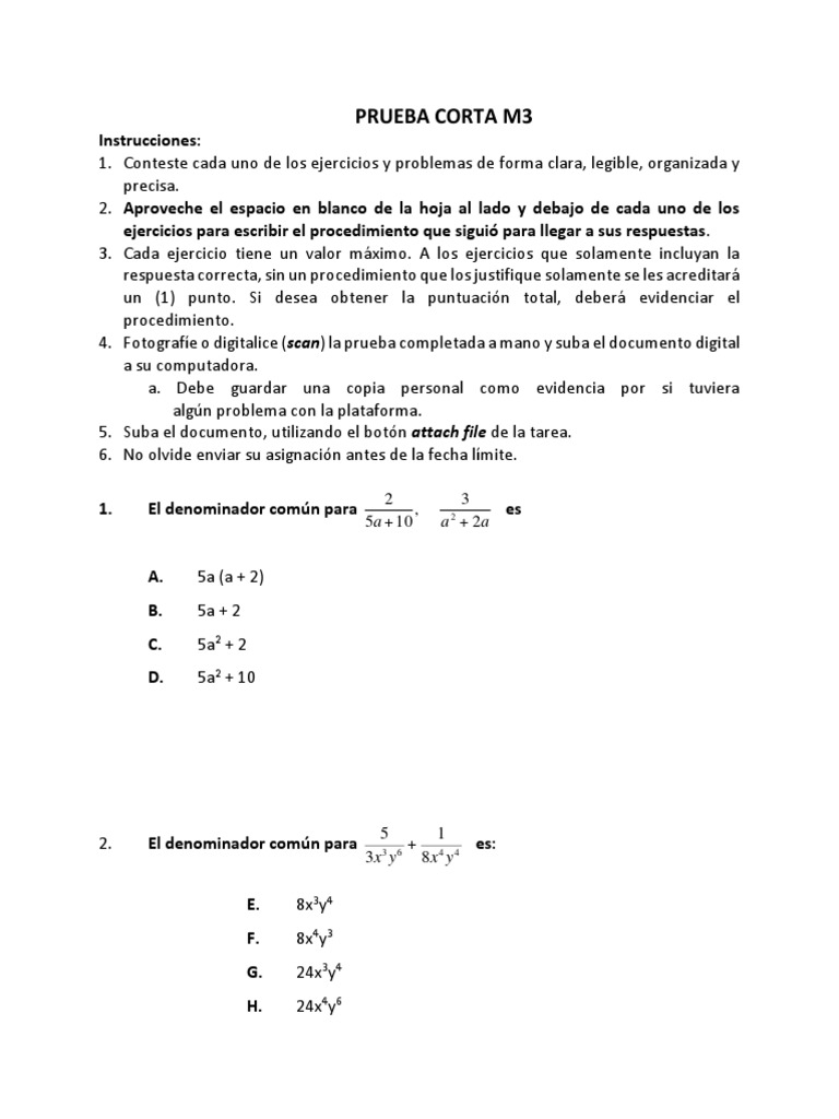 Math 112 M3 PRUEBA CORTA Expresiones Racionales | PDF | Matemáticas