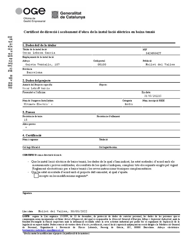 Model ELEC-4. Certificat Acabament Instal Lació | PDF