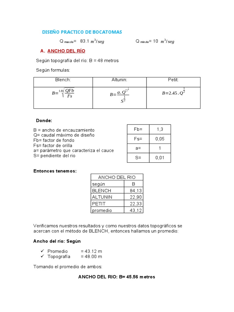 Ejercio de Bocatomas | PDF | Cantidades fisicas | Ciencia medioambiental