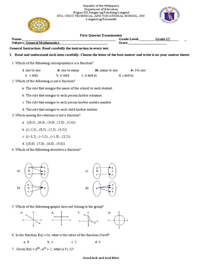 1st Quarter Exam General Mathematics | PDF | Logarithm | Function (Mathematics)