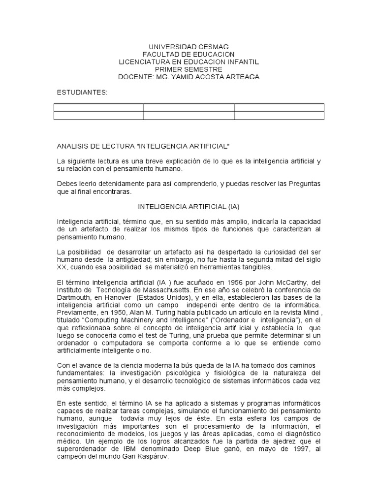 ANALISIS DE LECTURA - Inteligencia Artificial | Descargar gratis PDF ...