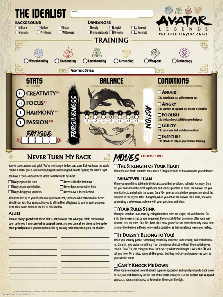 Avatar Legends Idealist Character Sheet | PDF