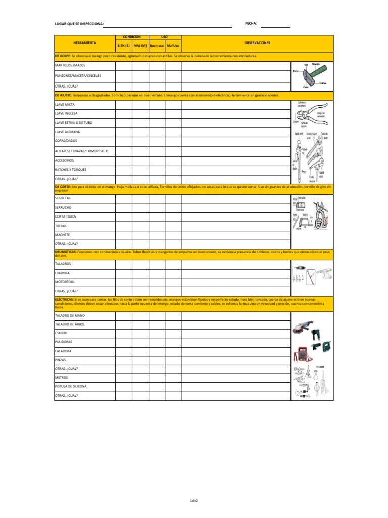 Formato de Inspeccion de Herramientas Manuales (Construccion) | PDF ... Formato de Inspeccion de Herramientas Manuales (Construccion) | PDF ...