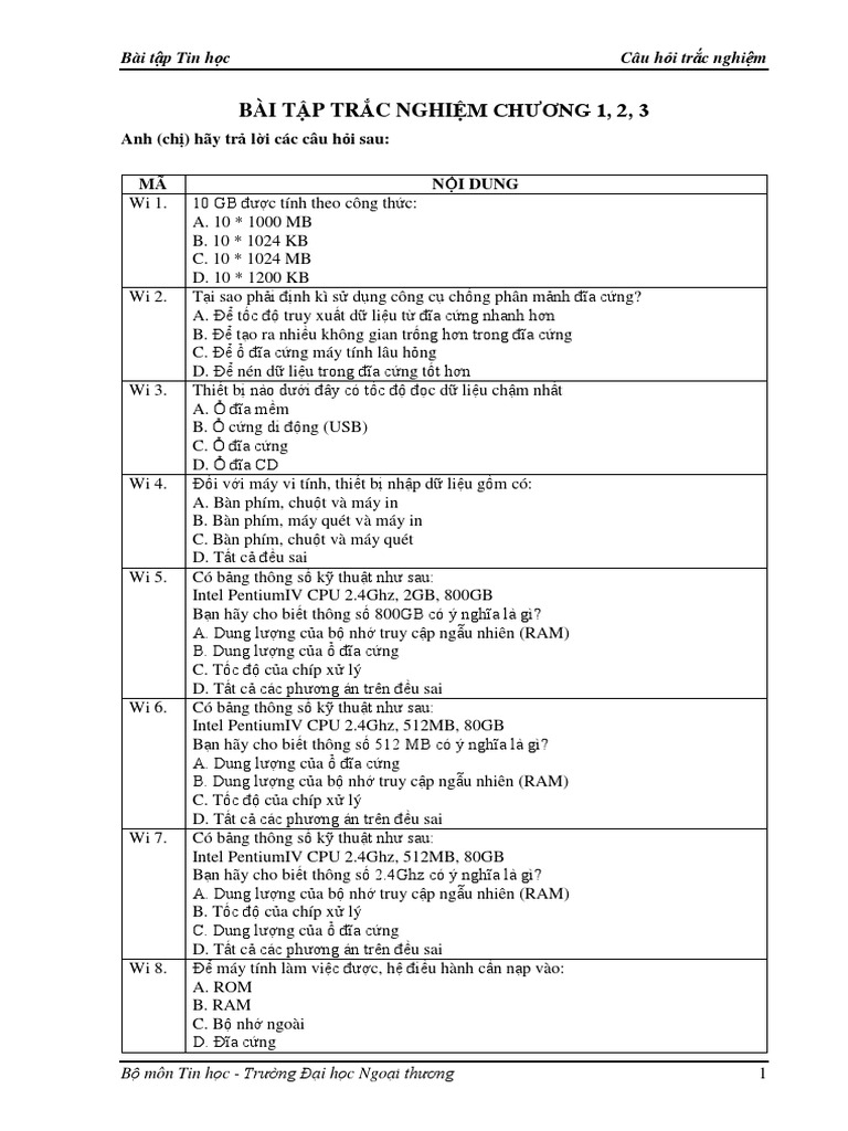 Cau Hoi Trac Nghiem Tin Hoc - Copy Tu Sach BT | PDF