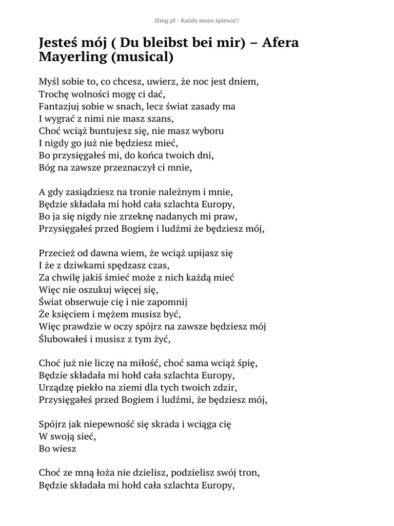 Tekst Afera Mayerling Musical Jestes Moj Du Bleibst Bei Mir 2dxpv6 | PDF
