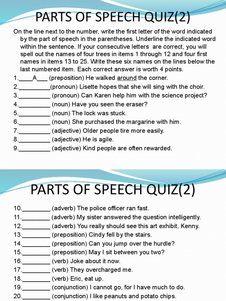 Lesson 1 Parts of Speech Quiz 2 | PDF | Noun | Part Of Speech