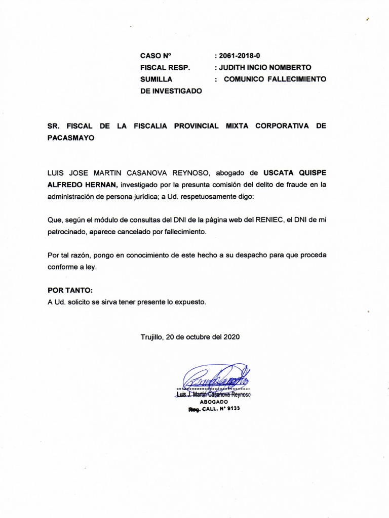 Escrito Comunica Fallecimiento | PDF