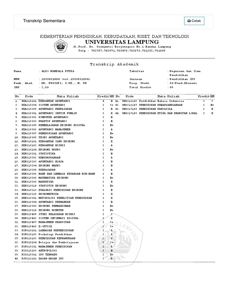 Transkrip Sementara | PDF