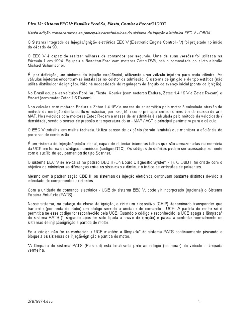 Dica 30 Sistema EEC V | PDF | Injeção eletrônica | Motores