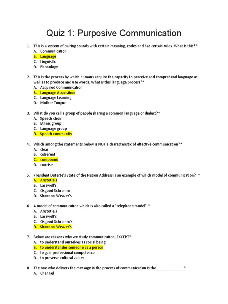 Quiz 1 Purposive Communication | PDF | Communication | Nonverbal ...