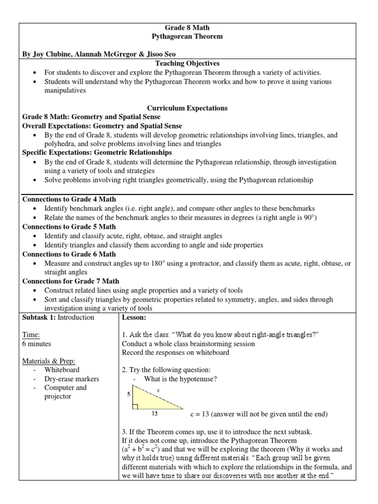 Pythagorean Theorem Lesson Plan G8 Download Free Pdf Triangle