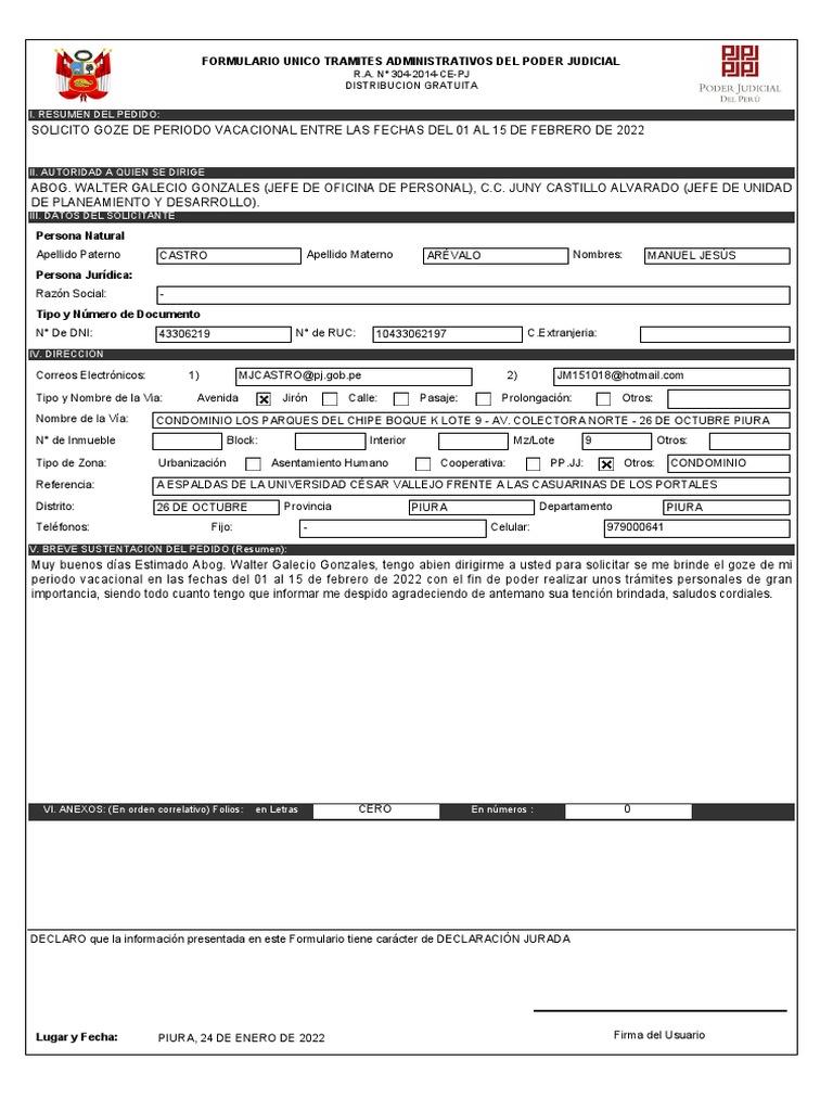Fut. Solicitud de Vacaciones Feb 2022 | PDF