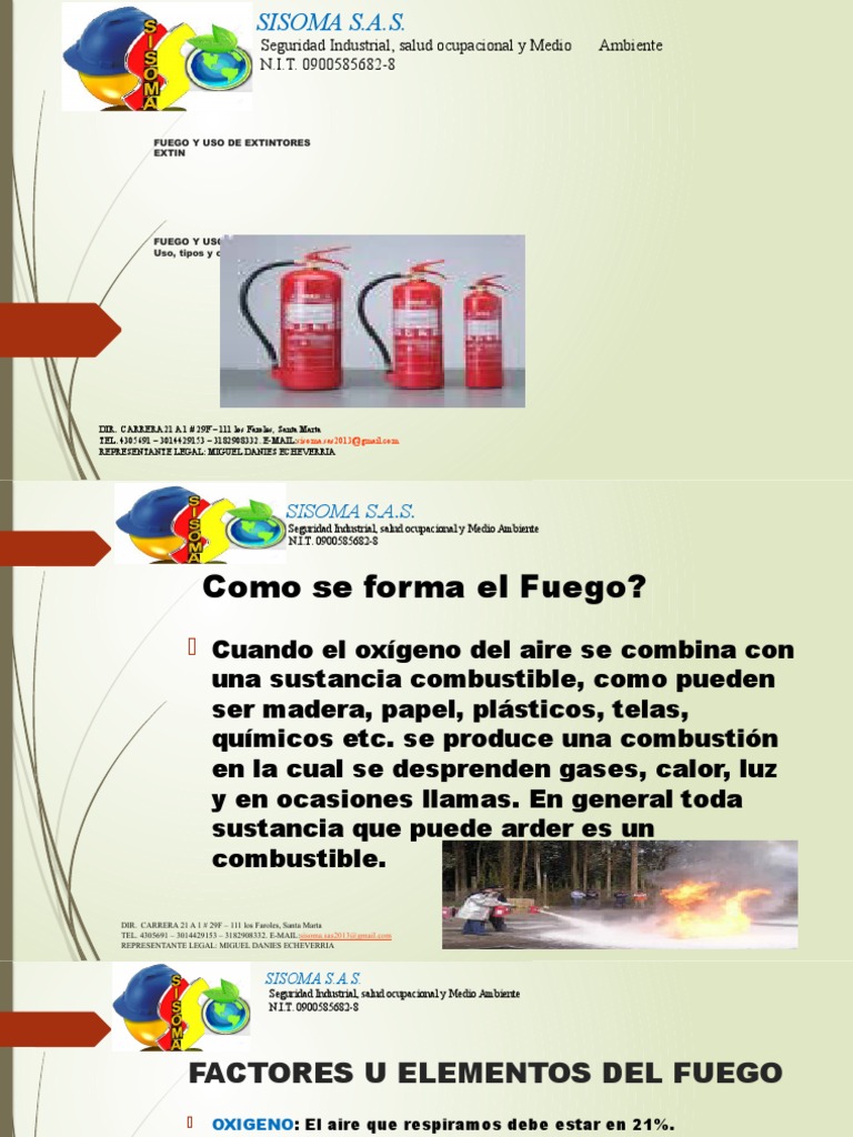 Diapositiva Del Fuego y Uso de Extintores Sisoma Sas | PDF | Incendios | Combustibles