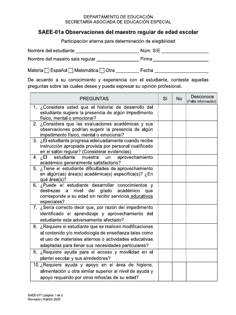 SAEE - 01a Observaciones Del Maestro Regular de Edad Escolar | PDF