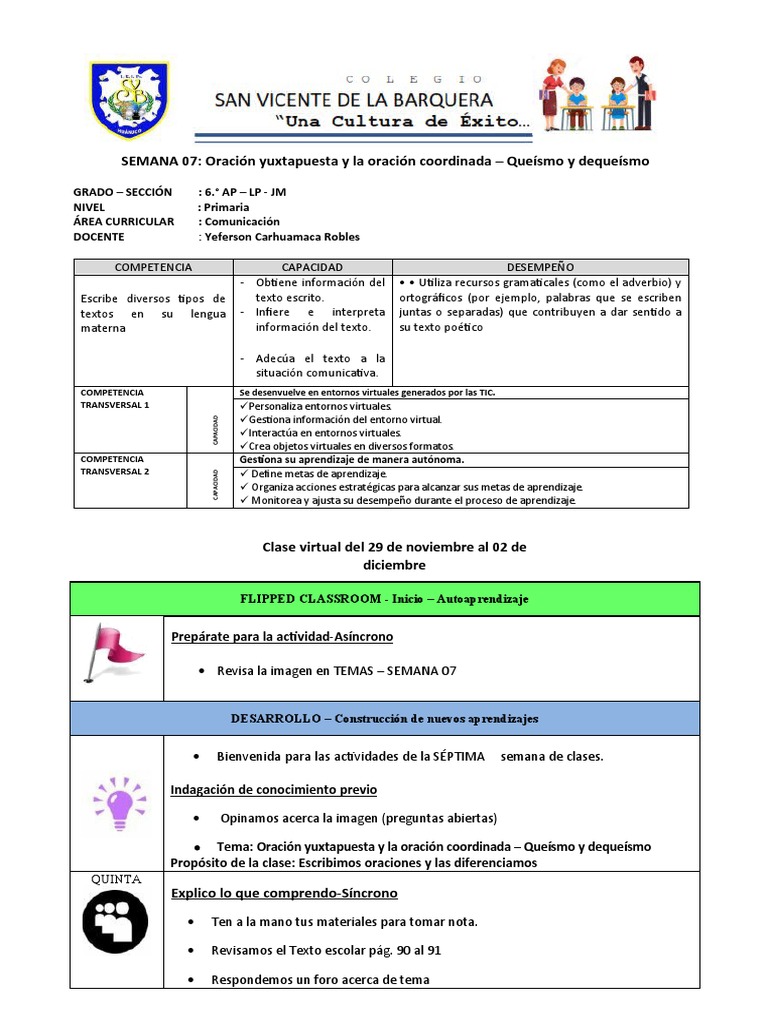 HOJA DE RUTA 6° PRIM. SEMANA 07 - Día 29 - 11 Al 02 - 12 | PDF | Aprendizaje | Modificación de ...