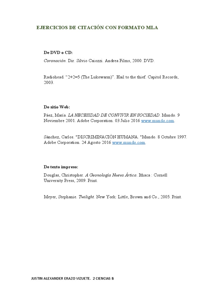 Ejercicio de Aplicación de Formato Mla | PDF