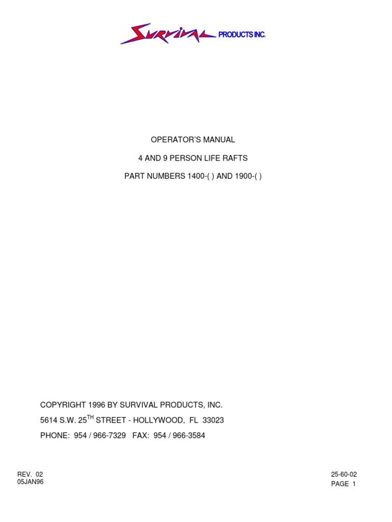 Operator'S Manual 4 and 9 Person Life Rafts PART NUMBERS 1400 - AND ...