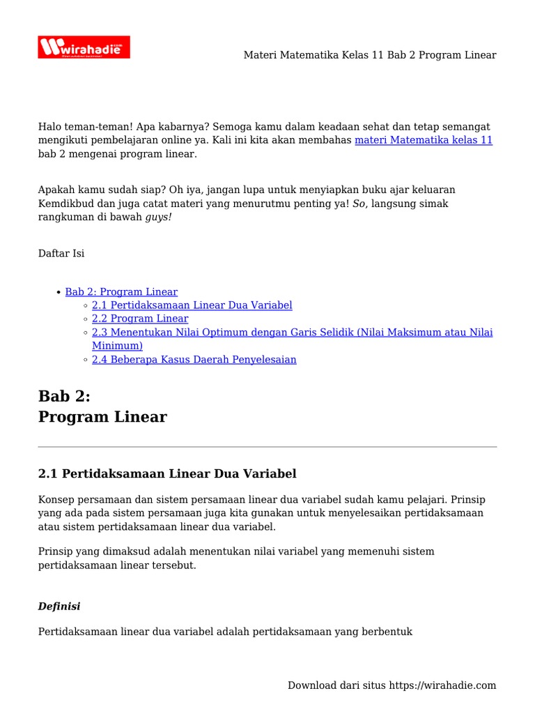 Materi Matematika Kelas 11 Bab 2 Program Linear | PDF